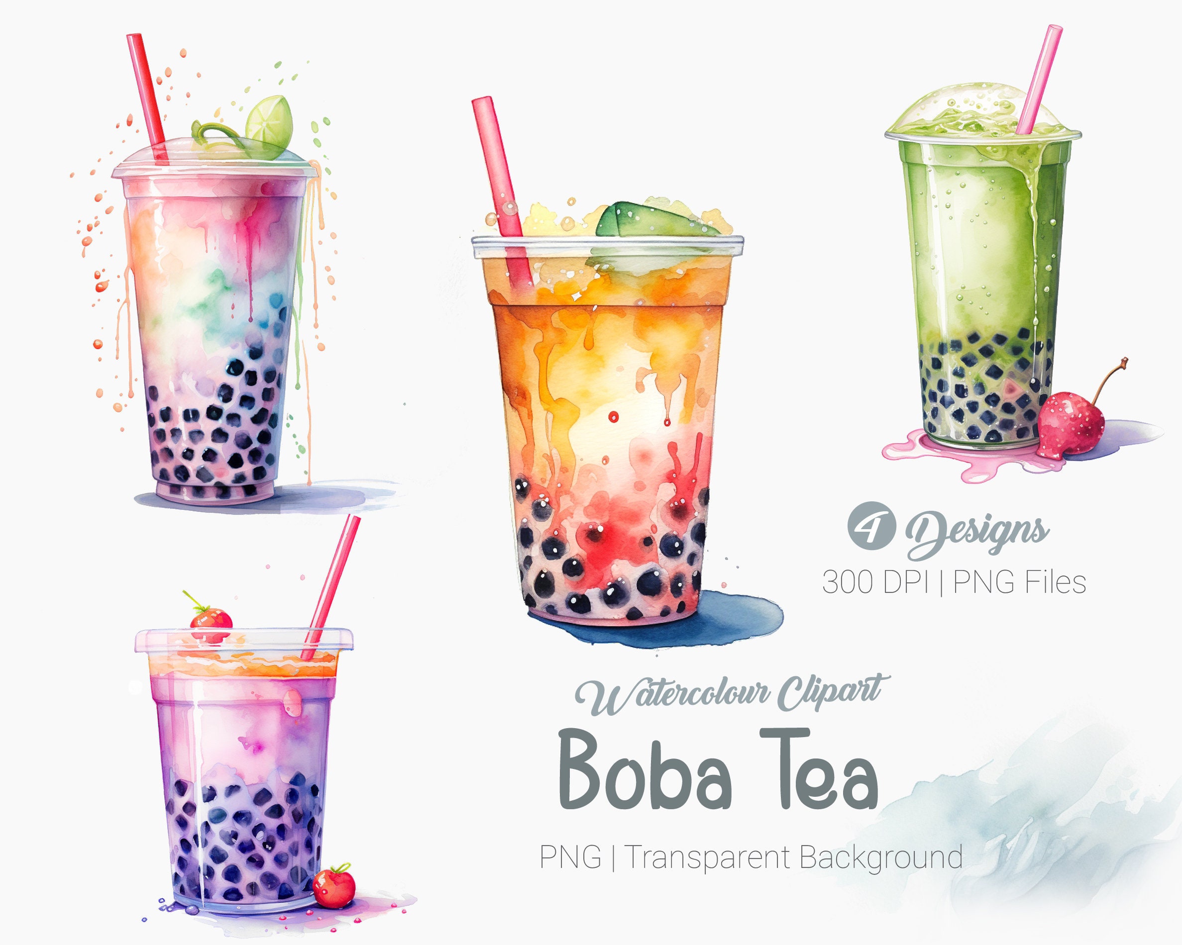 Watercolor Boba Tea Clipart Bubble Tea Clipart Tea Boba Nai - Etsy