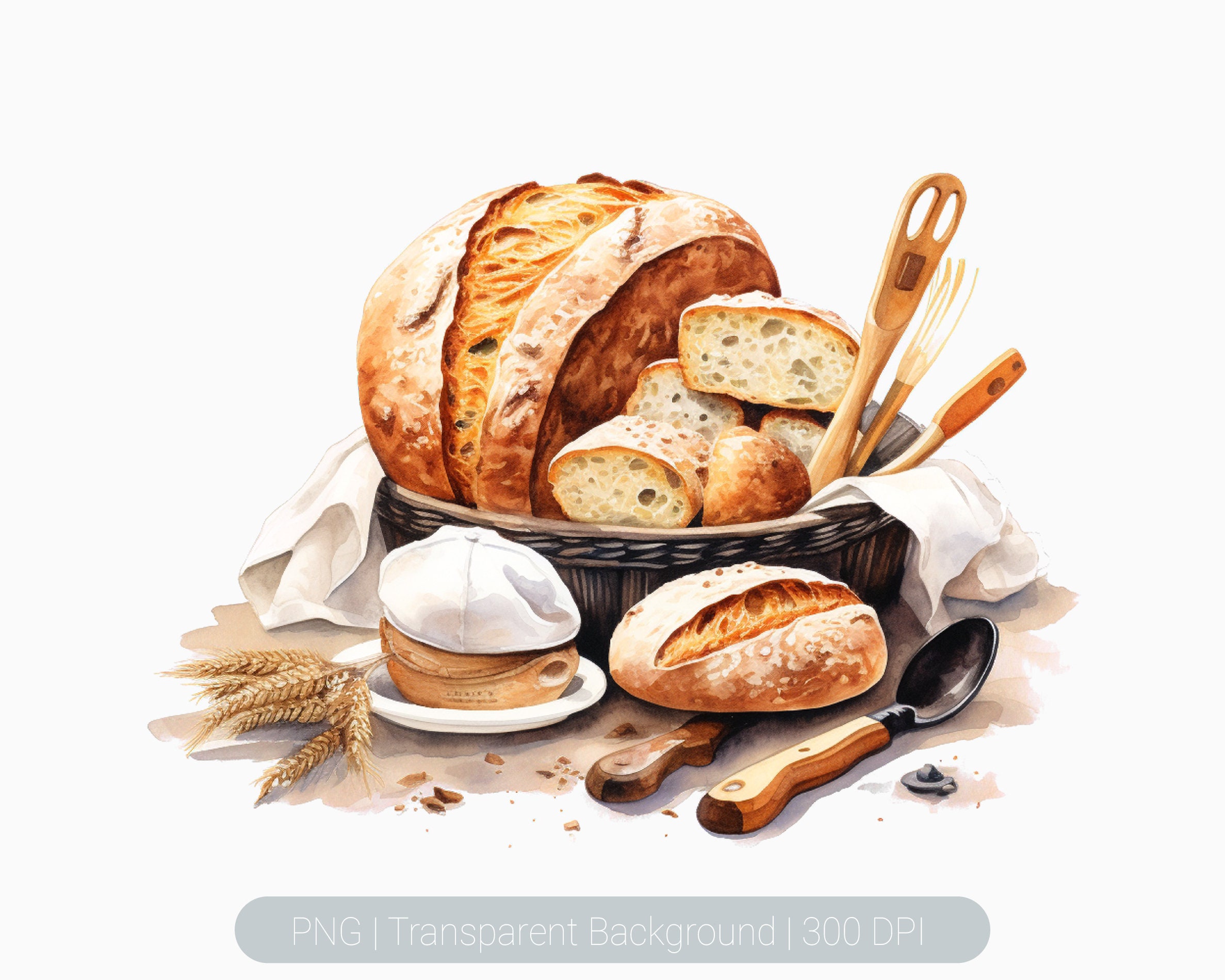 Bakery Bread Watercolor Clipart, Bread Png, Baker Png, Rustic Loaf of ...