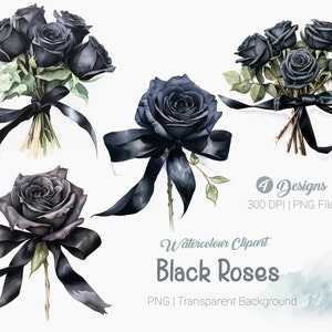 Watercolor Black Roses Clipart, Gothic Roses, Black Rose With Ribbon ...