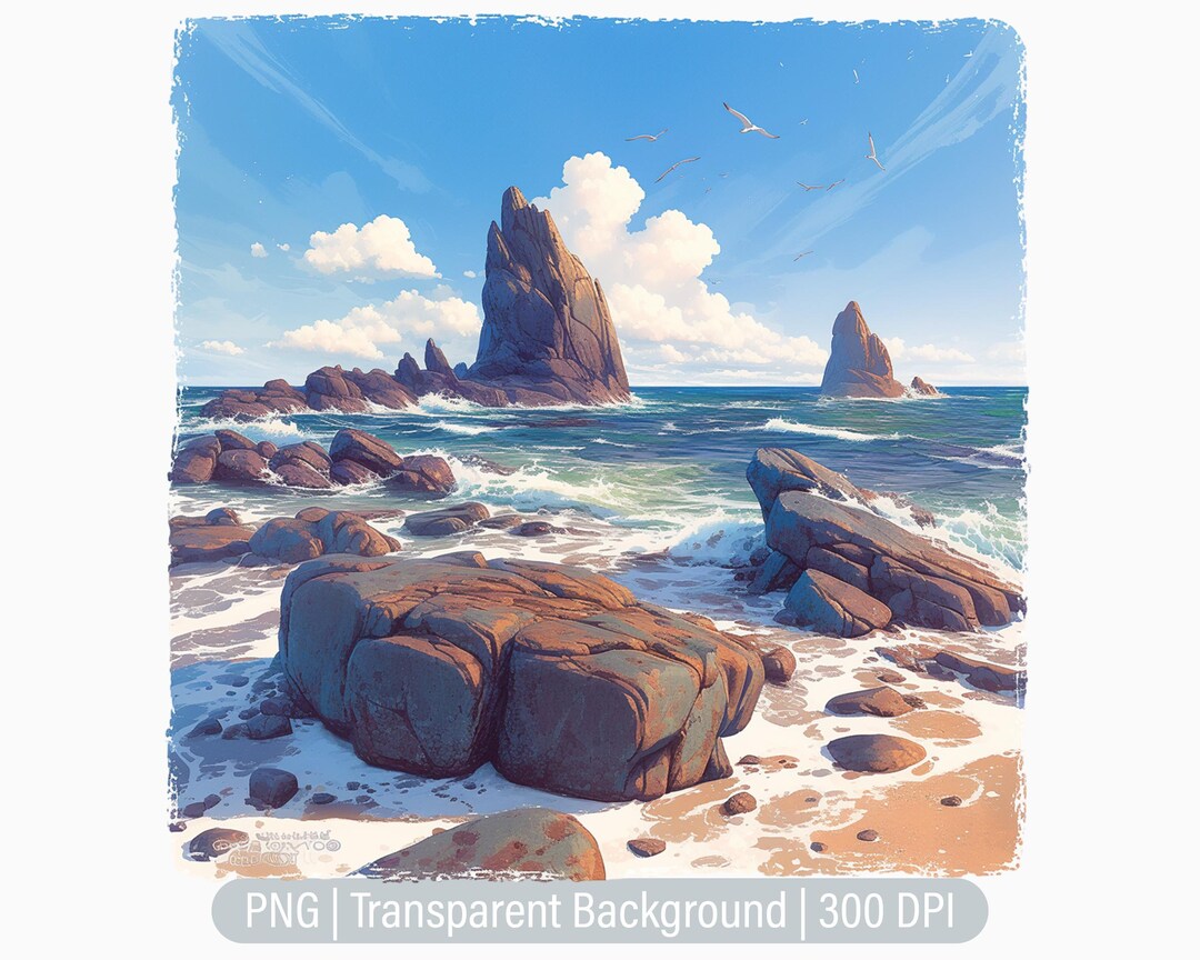 Costal Rocks Clipart, Ocean PNG, Seascape, Beach Waves, Junk Journal ...