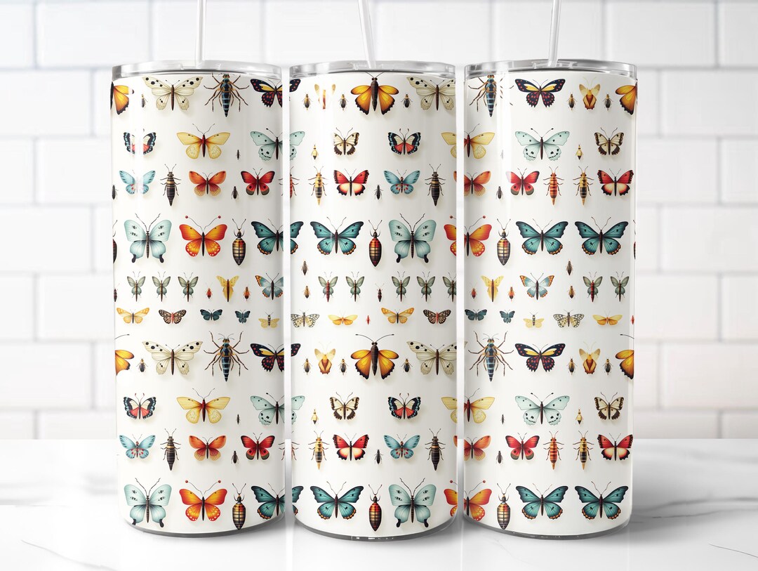 Butterflies & Insects 20oz Skinny Tumbler, Insects Bugs Pattern Seamless Sublimation Design ...
