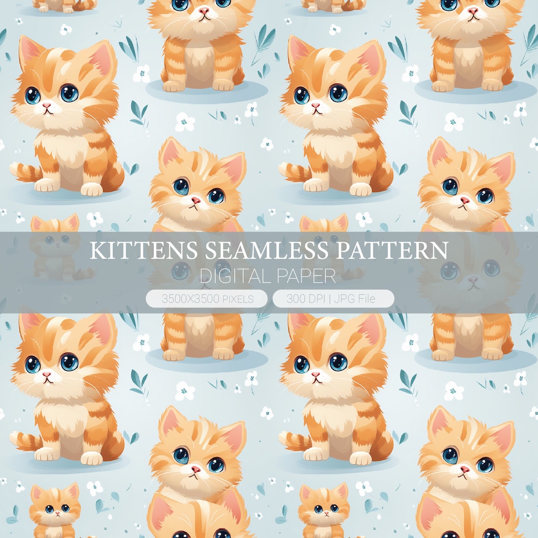 Cats Digital Paper, Cute Kitten Seamless Pattern, Baby Cat Backgrounds ...