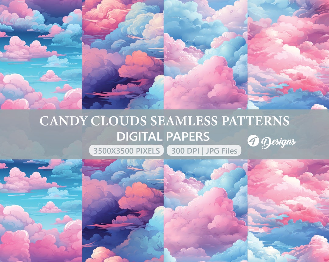 Cotton Clouds Digital Paper, Pastel Clouds Seamless Pattern, Pink Candy ...