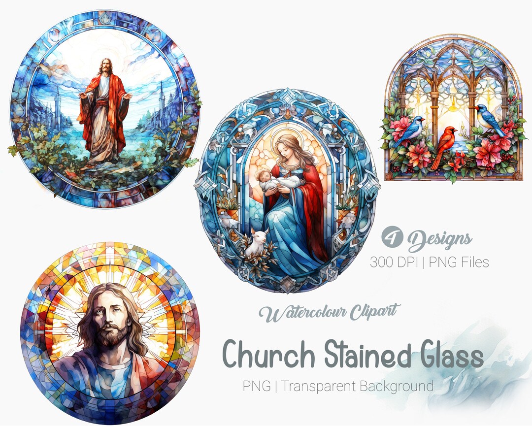 Christian Stained Glasss Clipart, Watercolour Jesus Clipart, Church ...