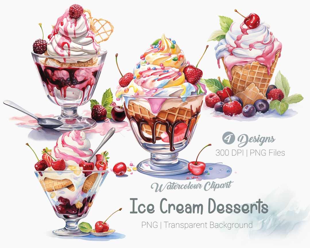 Watercolor Ice Cream Dessert Clipart, Ice Cream Png, Waffle Cone Cup ...