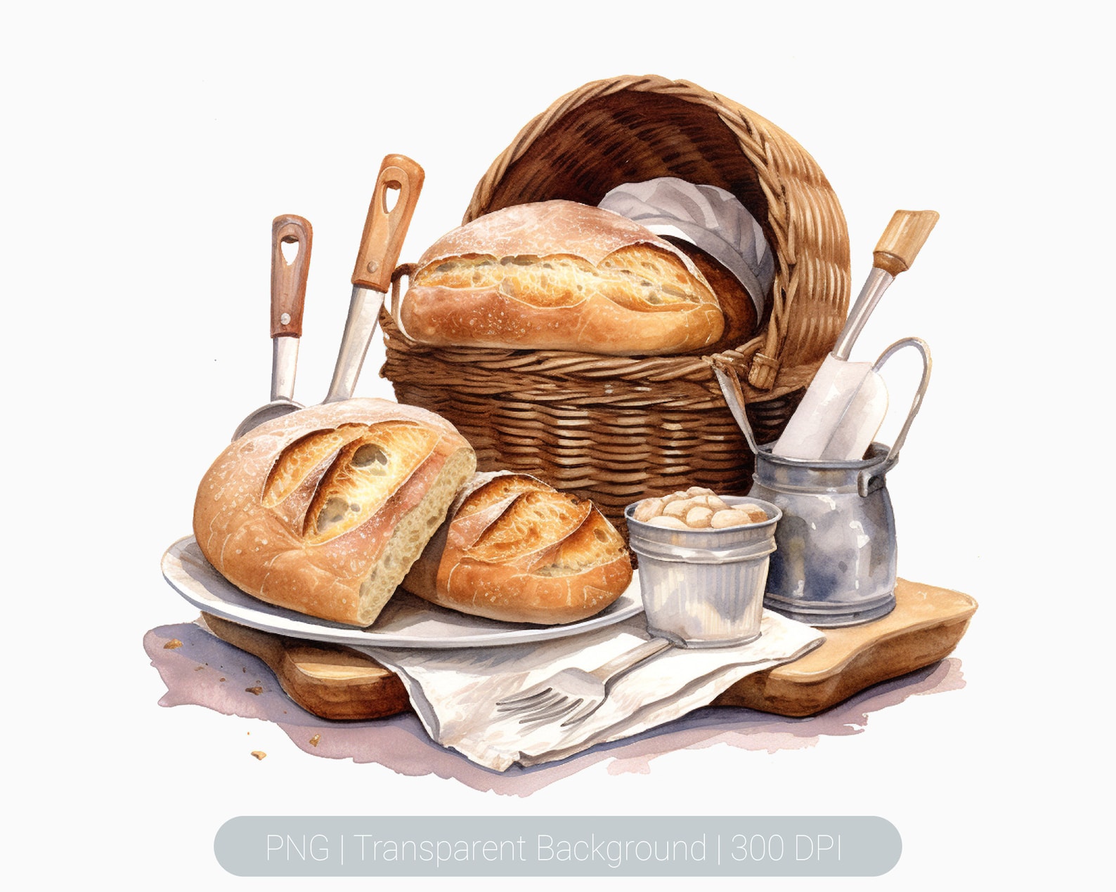 Bakery Bread Watercolor Clipart, Bread Png, Baker Png, Rustic Loaf of ...
