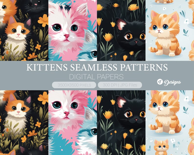 Cats Digital Paper, Cute Kitten Seamless Pattern, Baby Cat Backgrounds ...