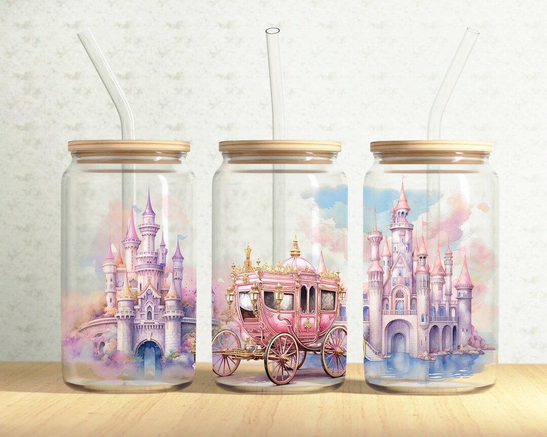 Fairy Castle Glass Can Wrap, Pink Fairy Carriage 16oz Glass Can ...