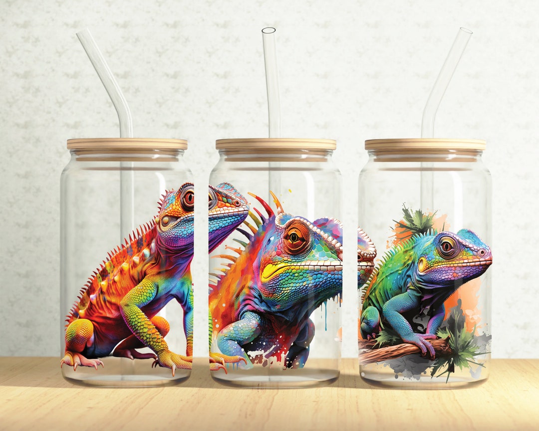 Lizards Glass Can Wrap, Colorful Lizard 16oz Glass Can, Iguana 16oz ...