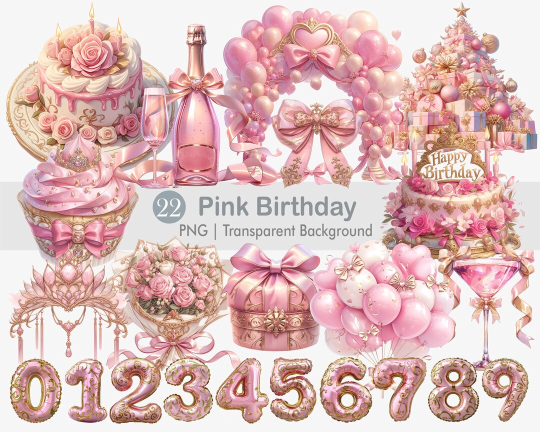 Pink Birthday Clipart, Balloon Numbers, Printable Sublimation Graphic ...