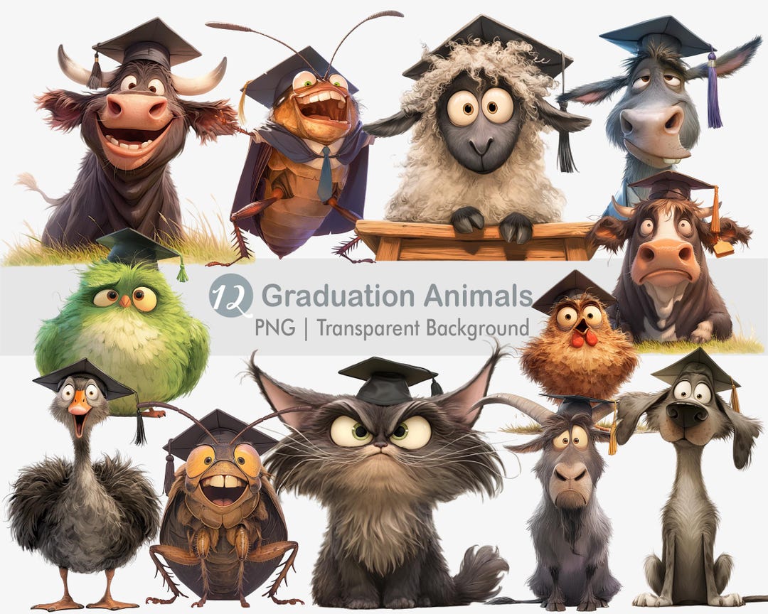 Graduation Animals Clipart, Quirky Animals PNG, Graduate, Printable ...