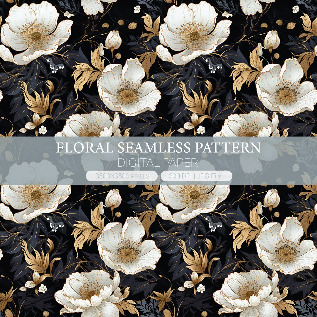 Black and Gold Floral Digital Paper, Seamless Pattern Rose Printable ...