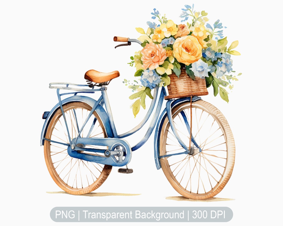 Floral Bicycle Clipart, Vintage Watercolor Bicycle, Spring Flowers ...