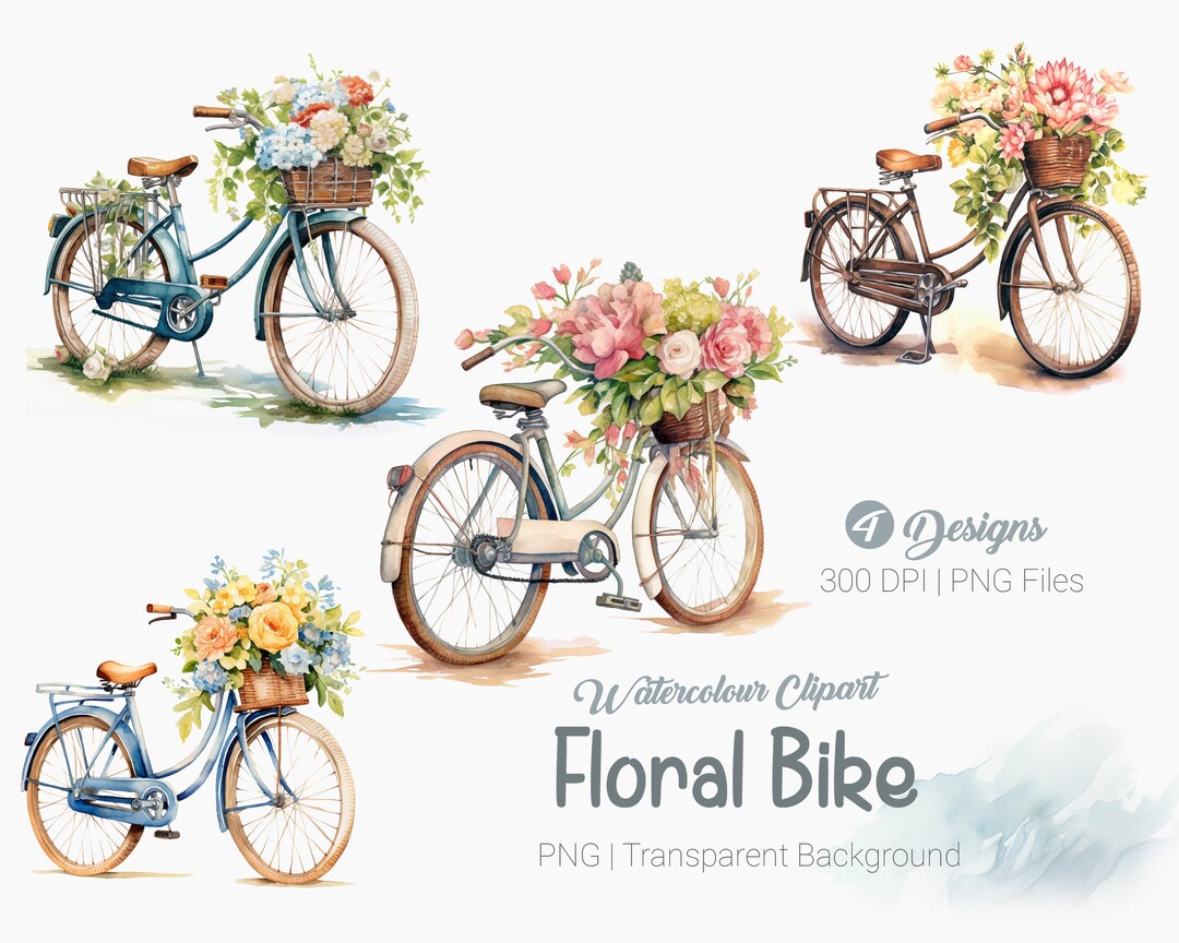 Floral Bicycle Clipart, Vintage Watercolour Bicycle, Spring Flowers ...