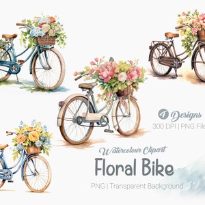 Floral Bicycle Clipart, Vintage Watercolour Bicycle, Spring Flowers ...
