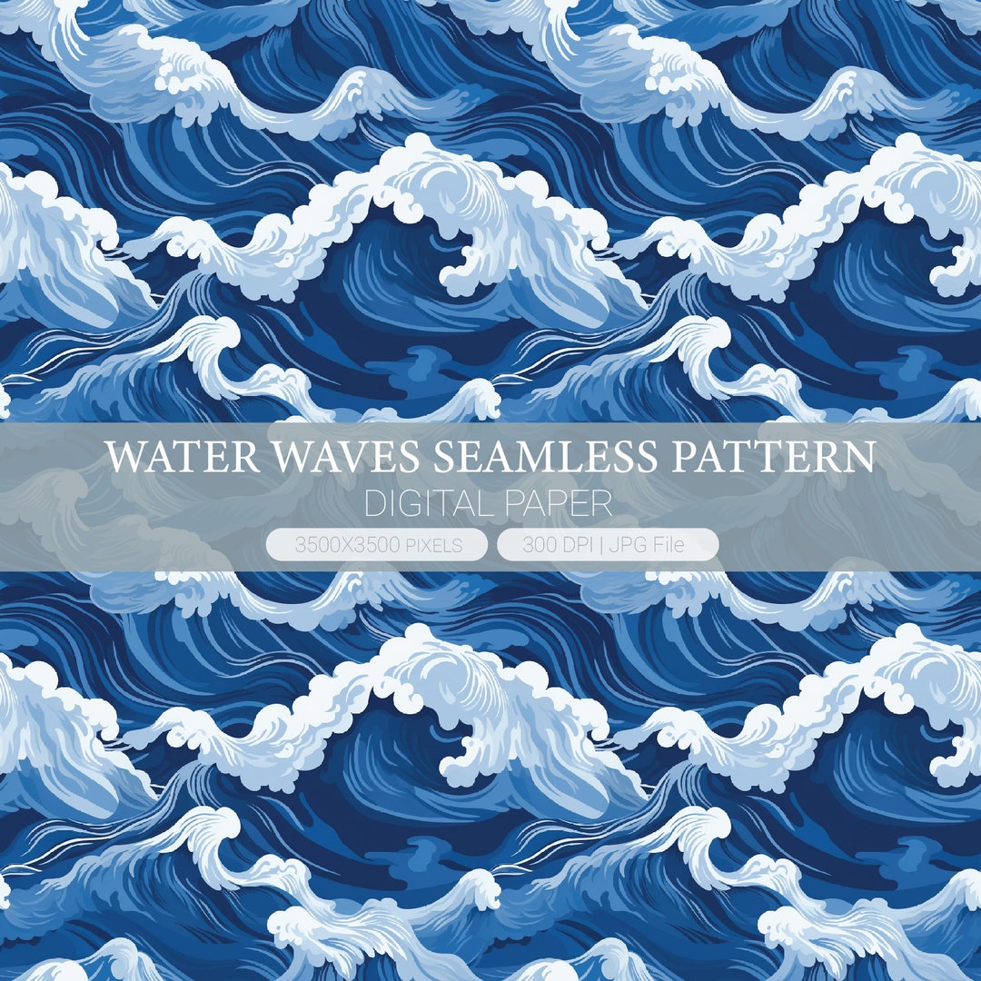 Water Waves Digital Paper, Japanese Waves Seamless Pattern, Ocean Wave ...