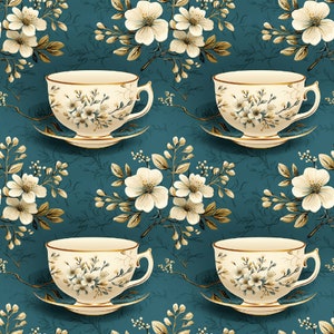 Vintage Tea Cup Digital Paper, Floral Tea Cup Seamless Pattern, Tea ...