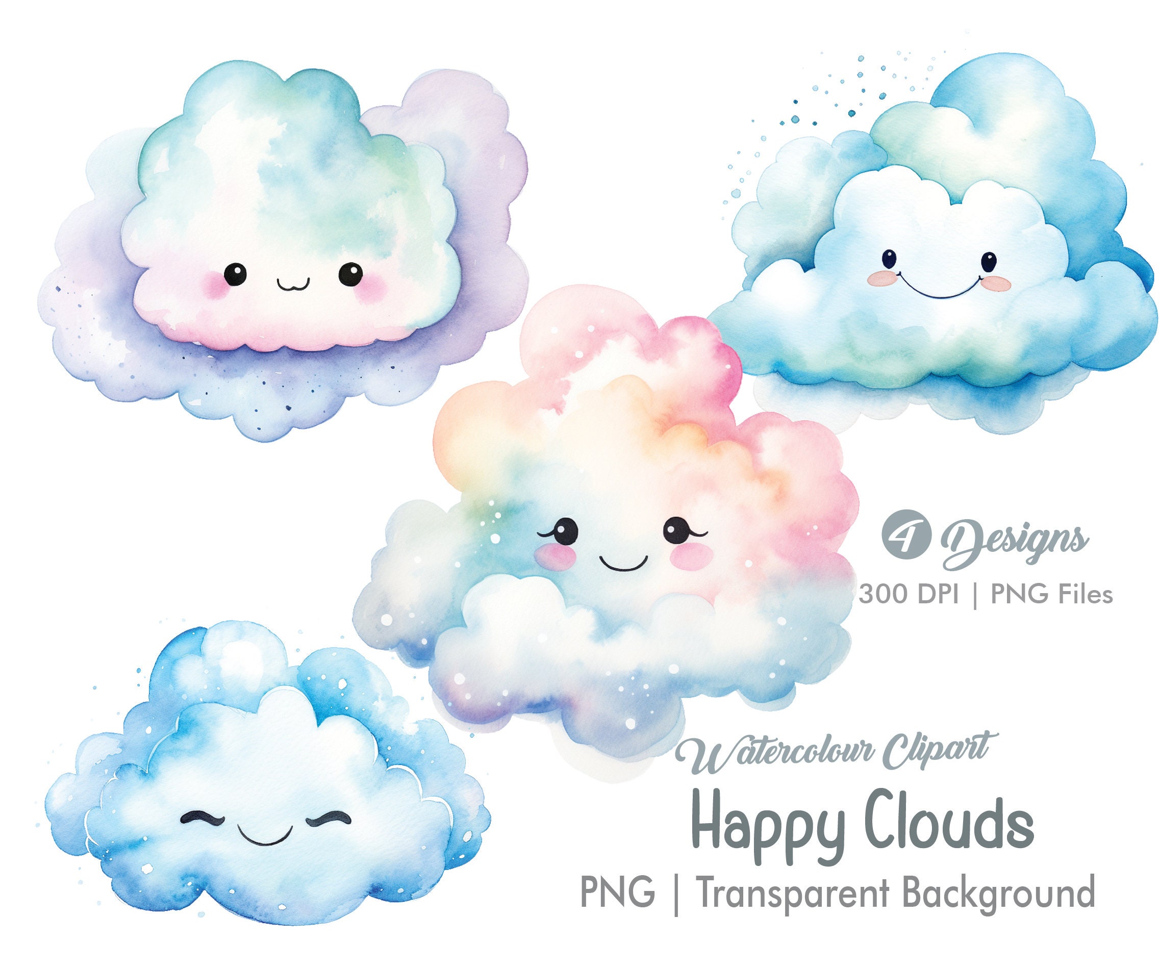 Happy Clouds Clipart, Sky Clouds PNG, Pastel Cloud PNG, Junk Journals ...