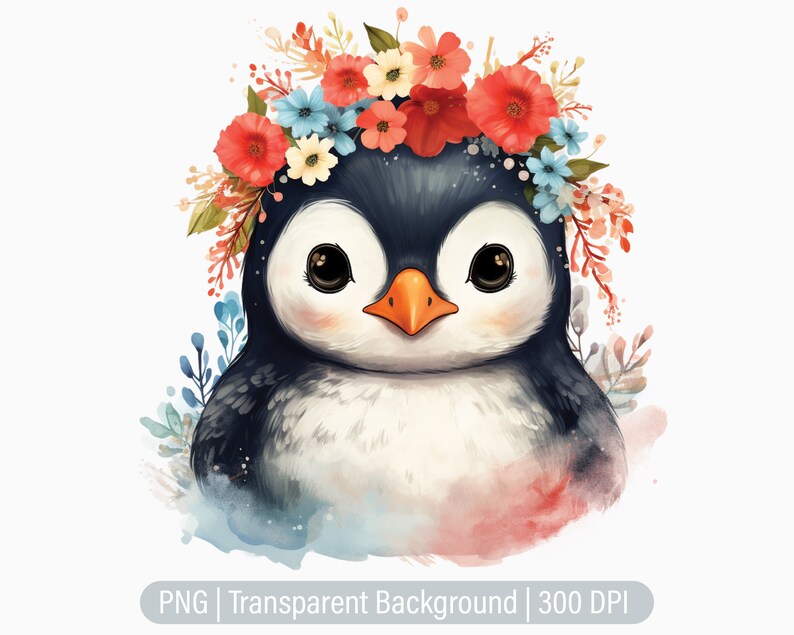 Floral Penguin Clipart, Cute Penguin Png, Baby Penguins, Junk Journals ...