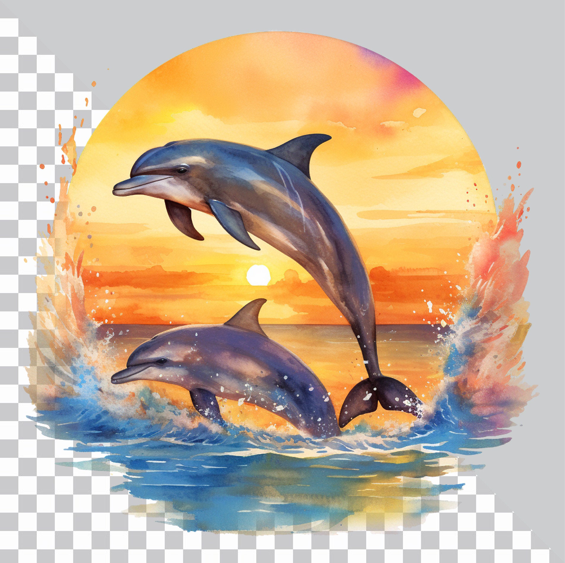 Watercolor Dolphins Clipart, Ocean Sunset, Sea Animals Png, Dolphin ...