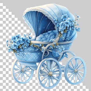 Blue Baby Stroller Clipart, Floral Pram PNG, Nursery PNG, Junk Journals ...