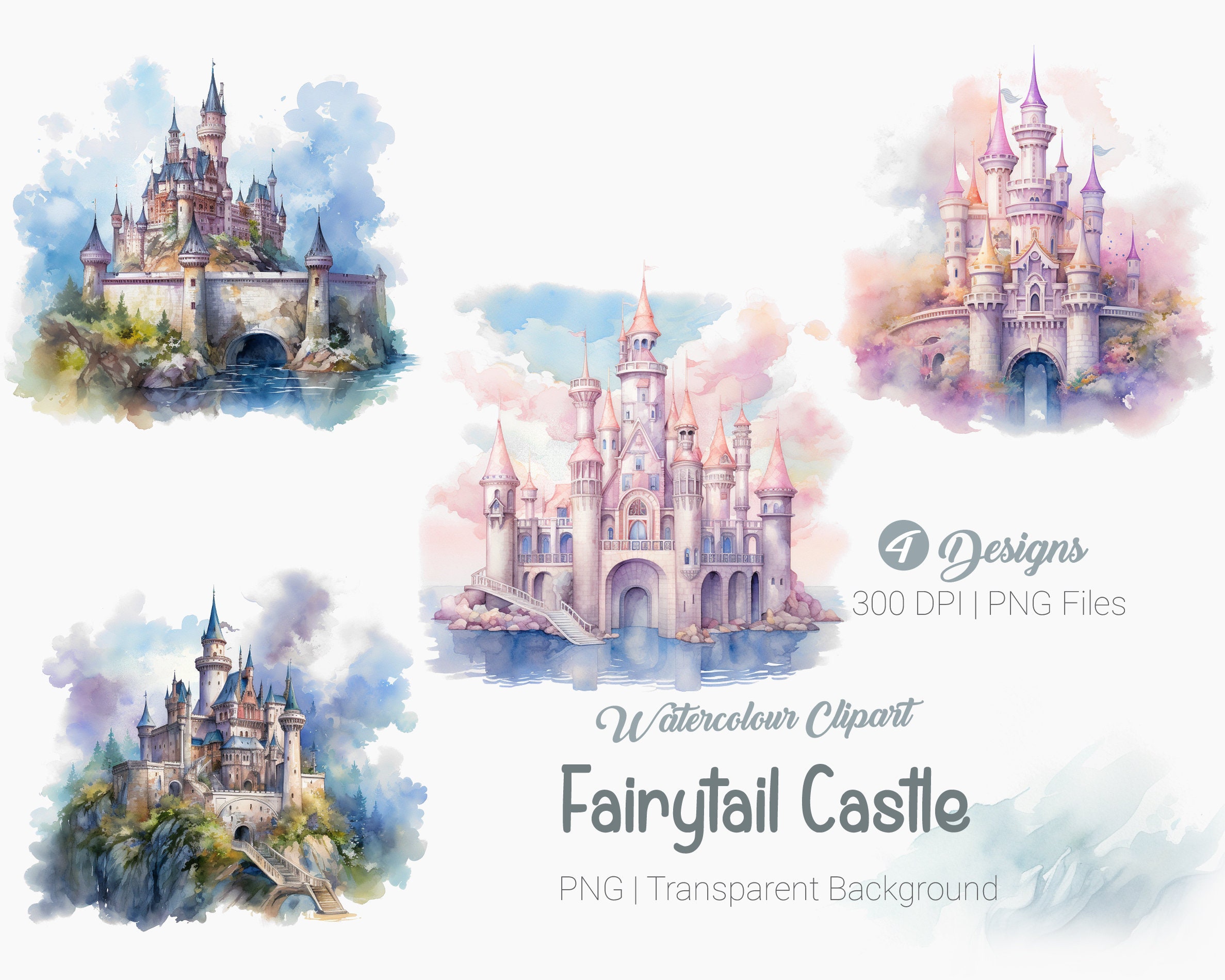 Watercolor Castle Clipart Fairy Tale Princess Castle - Etsy