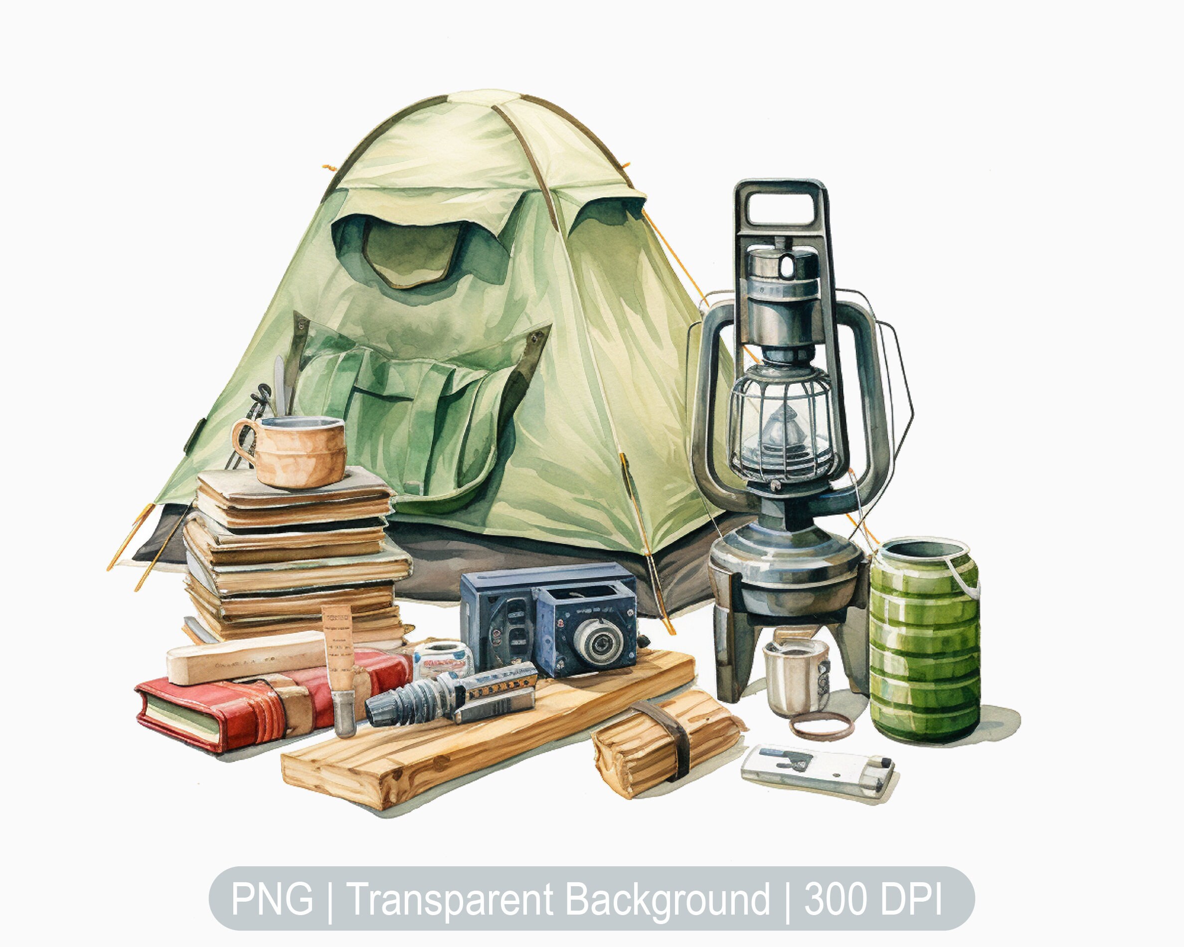 Watercolor Camping Equipment Clipart, Bonfire, Tent, Nature Hiking ...