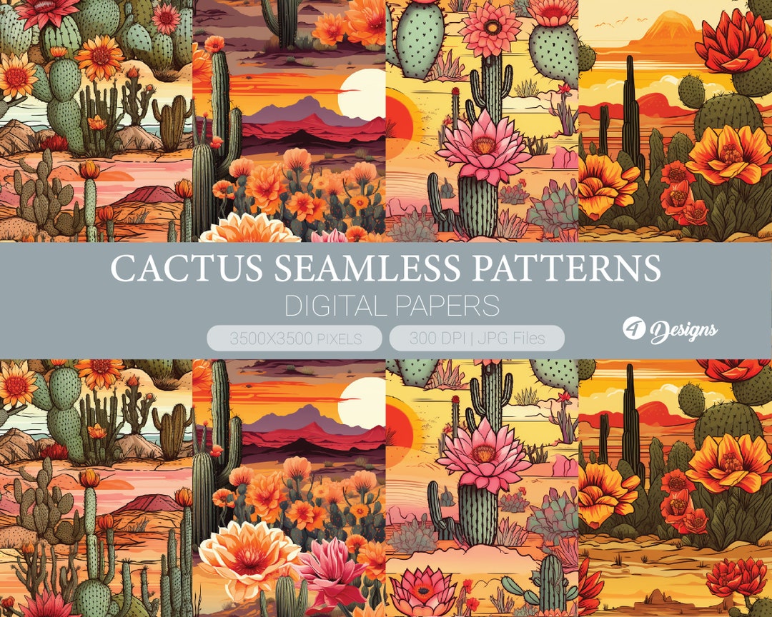 Sunset Cactus Digital Paper, Desert Cactus Seamless Pattern ...