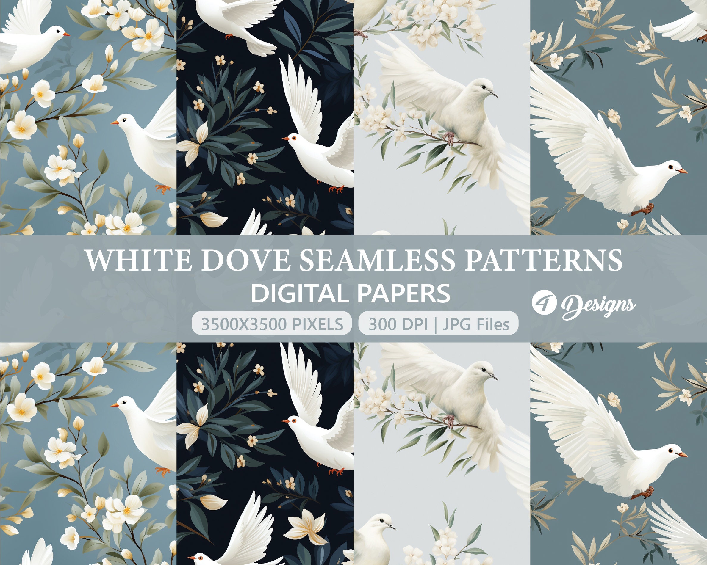 White Doves Digital Paper, Doves Pattern, Floral Dove Background ...