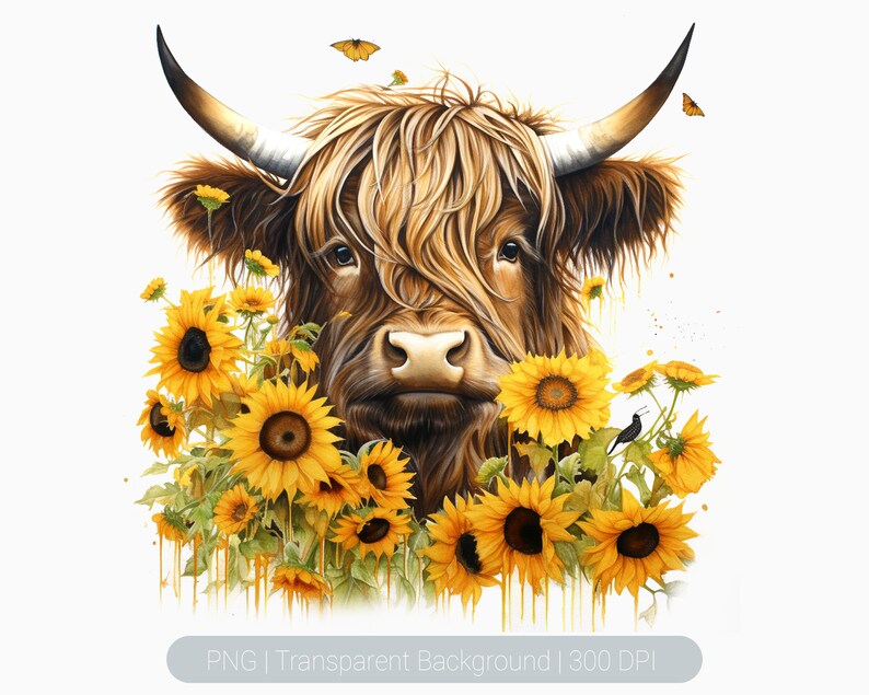 Watercolour Highland Cow Clipart, Floral Sunflower Cow Clipart ...