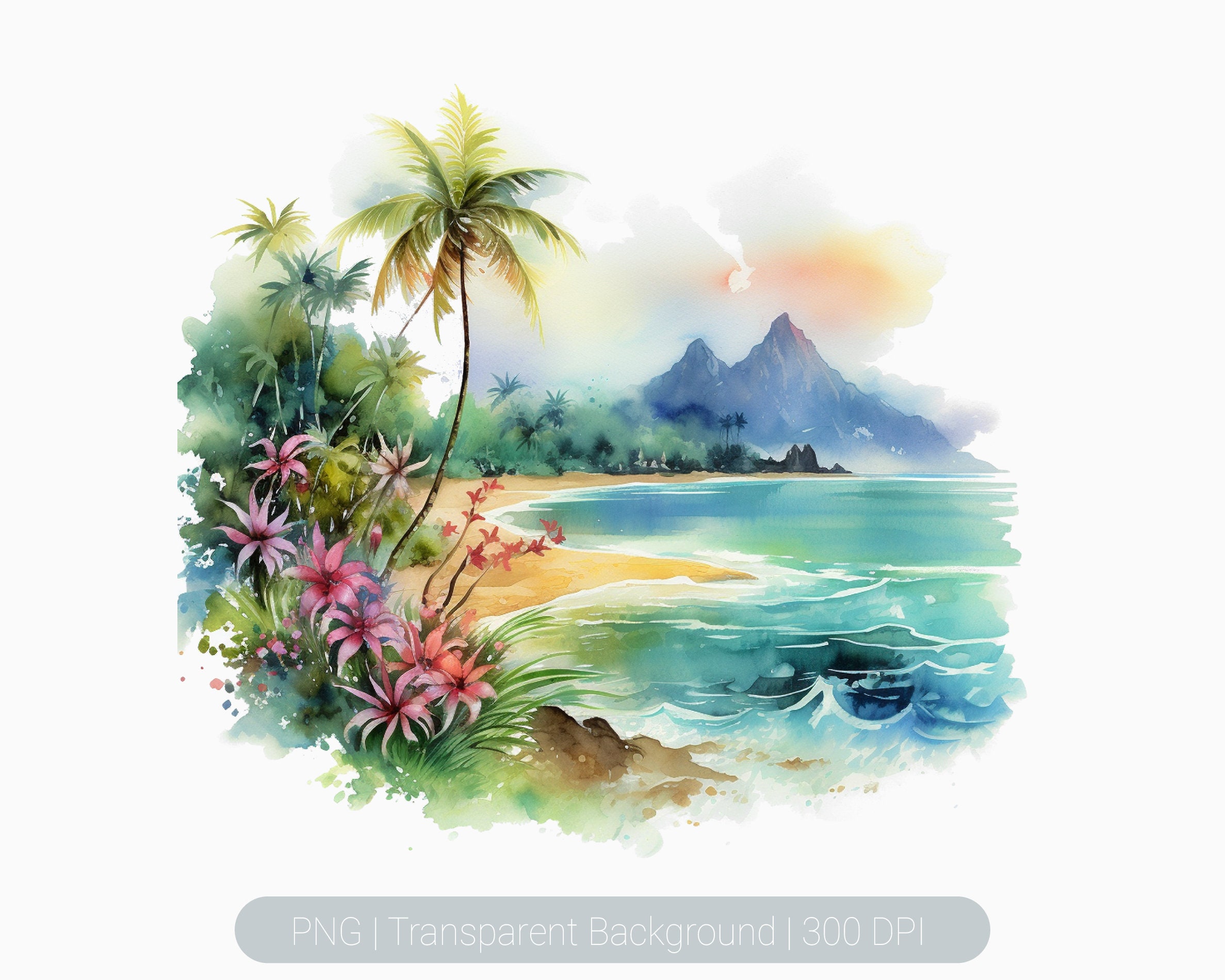 Watercolor Hawaii Beach Clipart, Surfing Tropical Island Clipart ...
