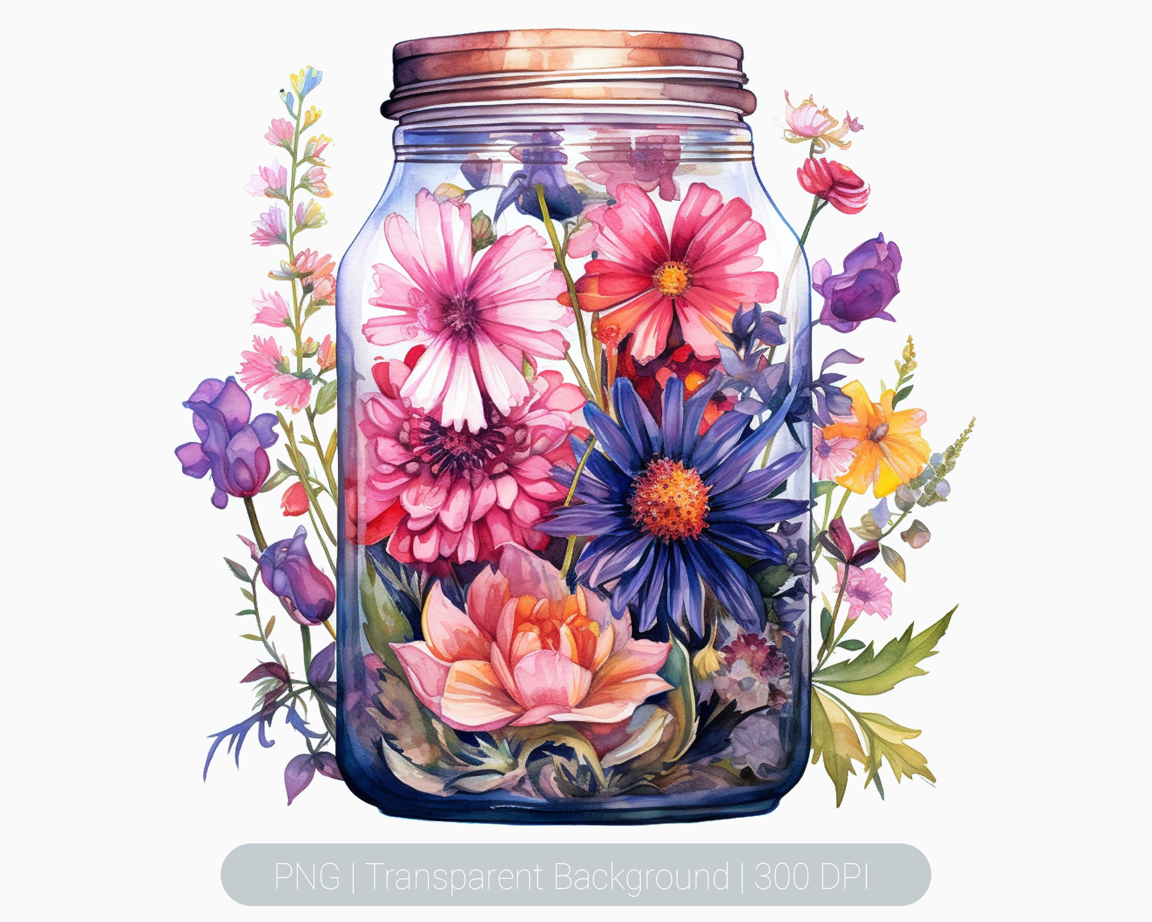 Floral Jar Watercolor Clipart Bundle, Jar With Flowers Png, Spring ...