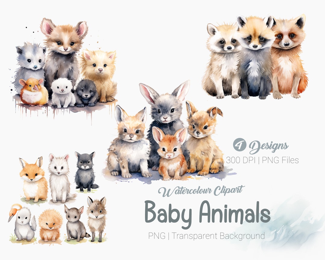 Baby Animals Watercolour Clipart, Cute Baby Animals Png, Nursery ...