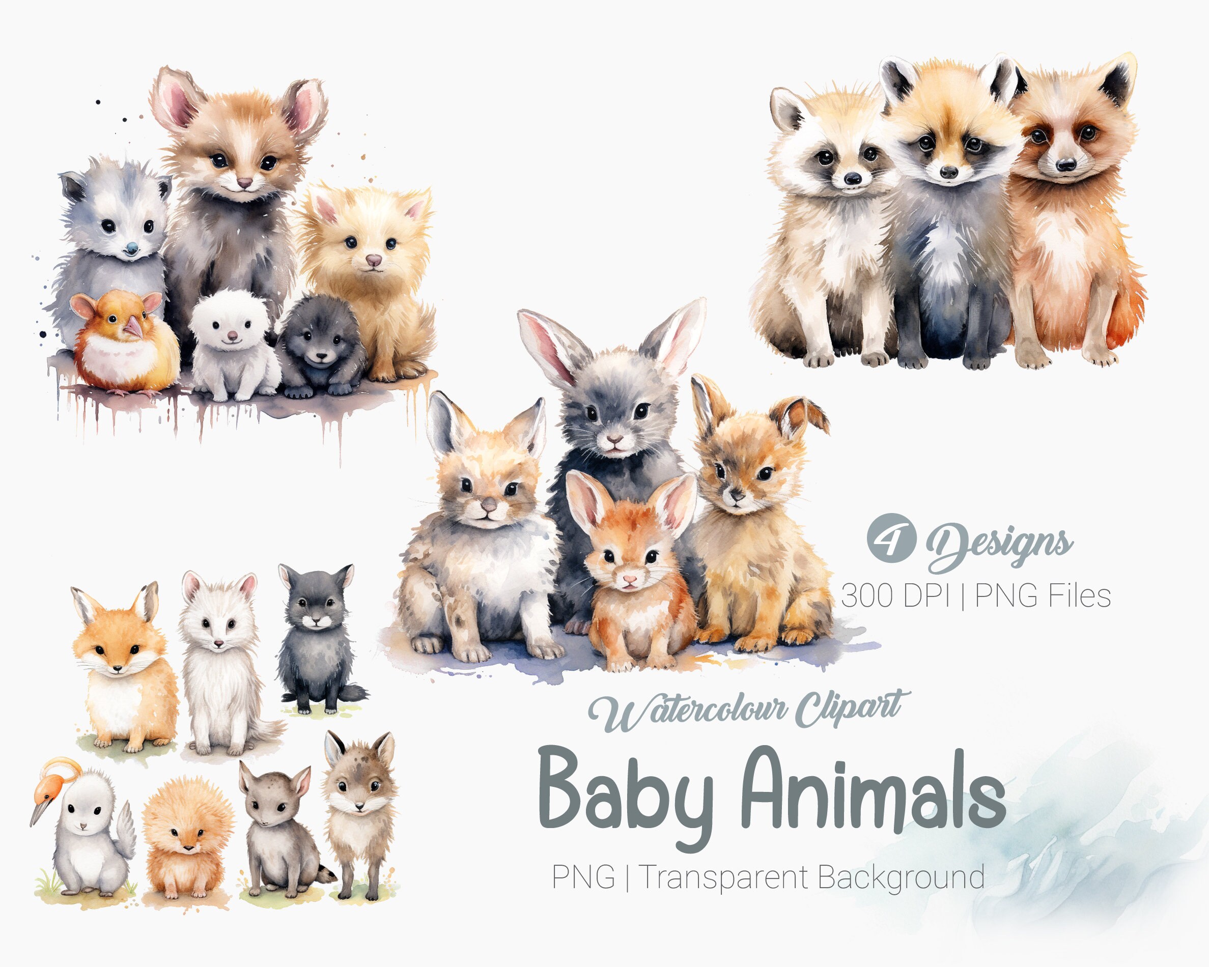 Baby Animals Watercolour Clipart Cute Baby Animals Png - Etsy