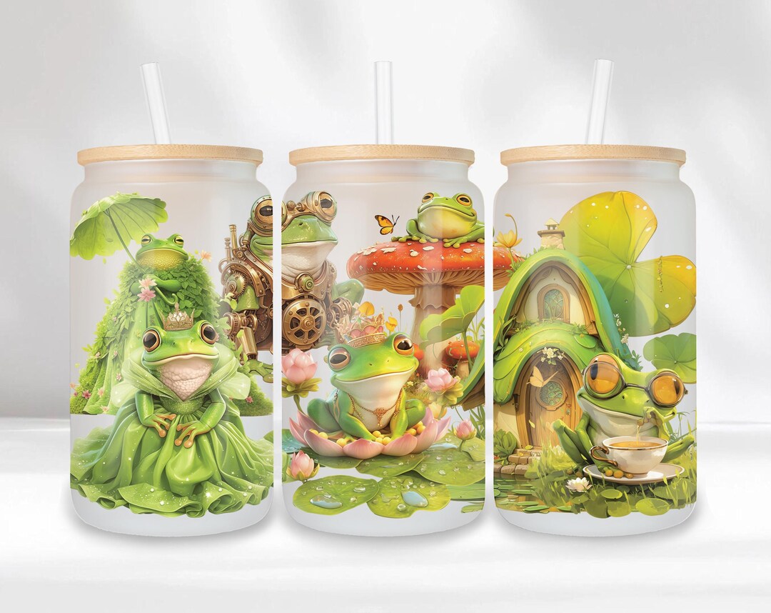 Frogs Glass Can Wrap, Frog Hut 16oz Glass Can, Fantasy Frog Swamp 16oz ...