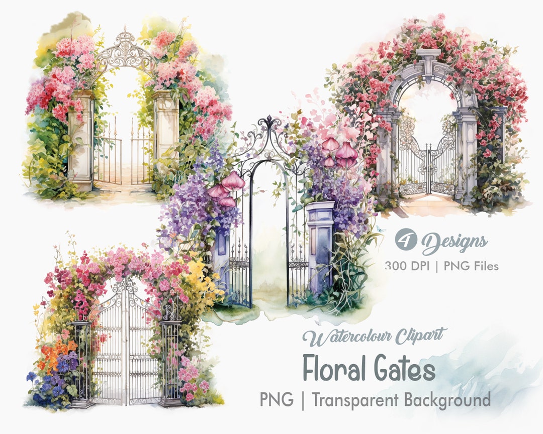 Floral Gates Clipart, Garden Gates Clipart, Flower Gates, Junk Journals ...