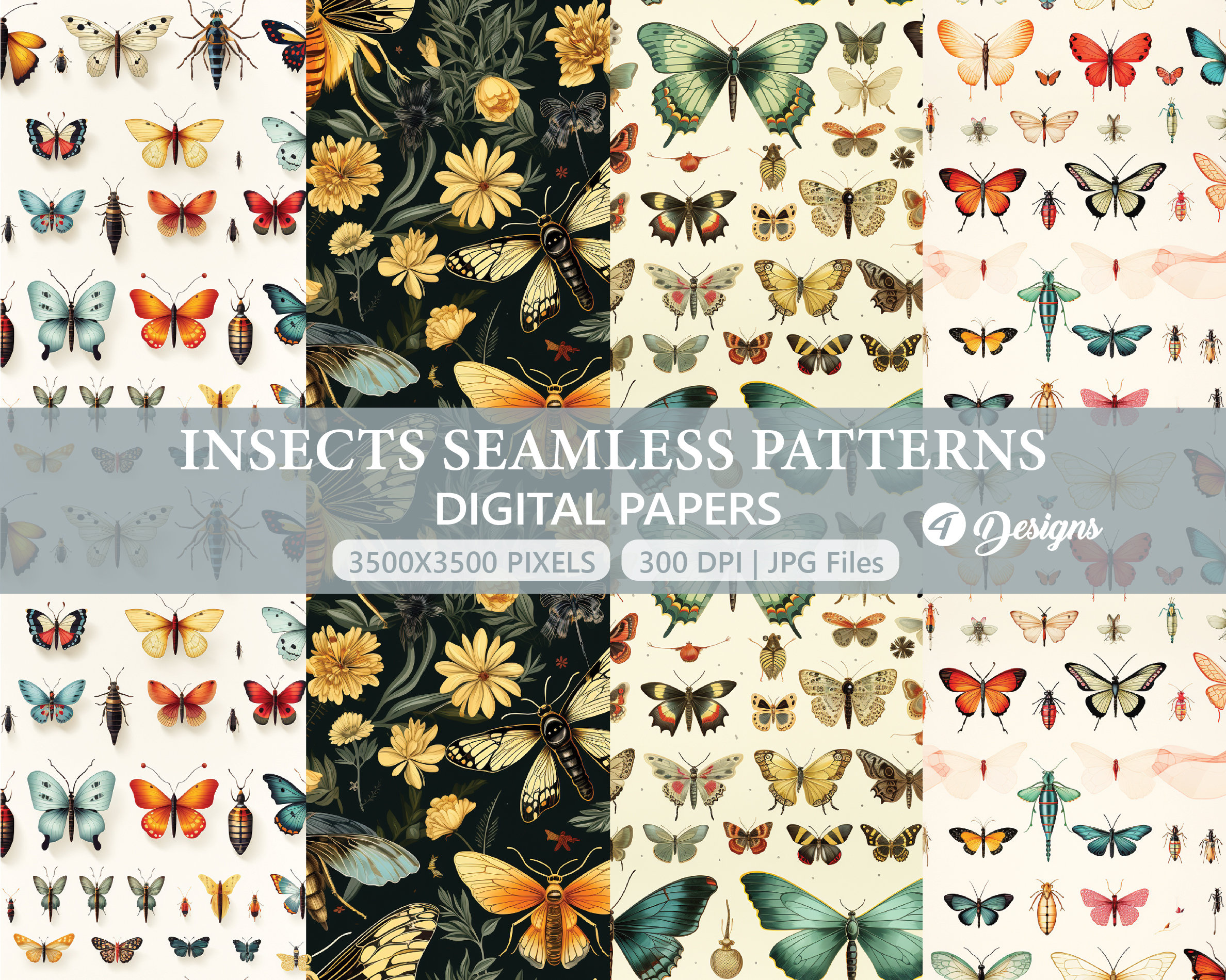 Insects Digital Paper, Bugs Pattern, Butterfly Pattern, Bugs ...