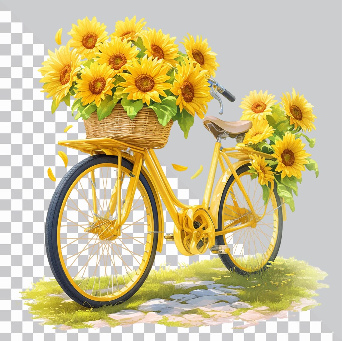 Sunflowers Bicycle Clipart, Retro Bike PNG, Yellow Flower Bicycle ...