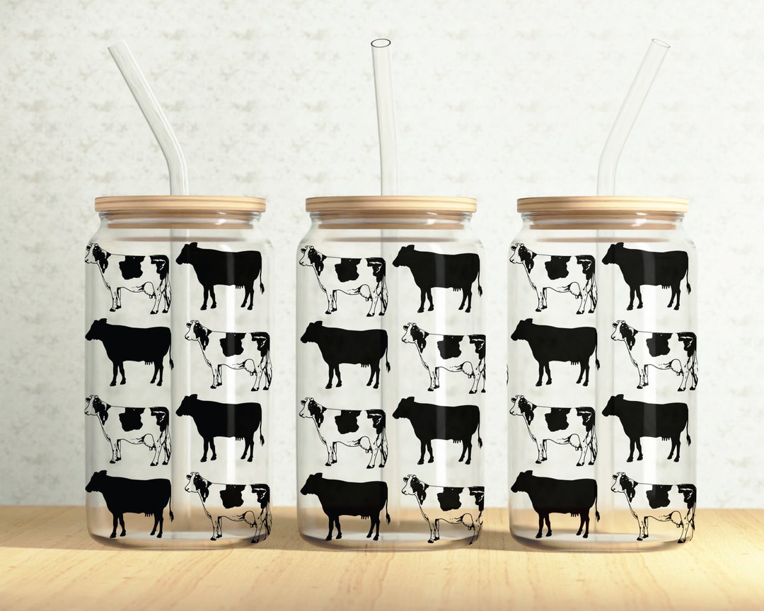 Cow Can Wrap, Cow Pattern 16oz Glass Can, Farm Cow 16oz Libbey Glass ...