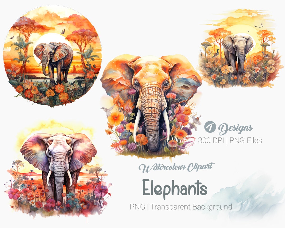 Watercolor Elephant Clipart, Safari Elephant, Africa Sunset ...