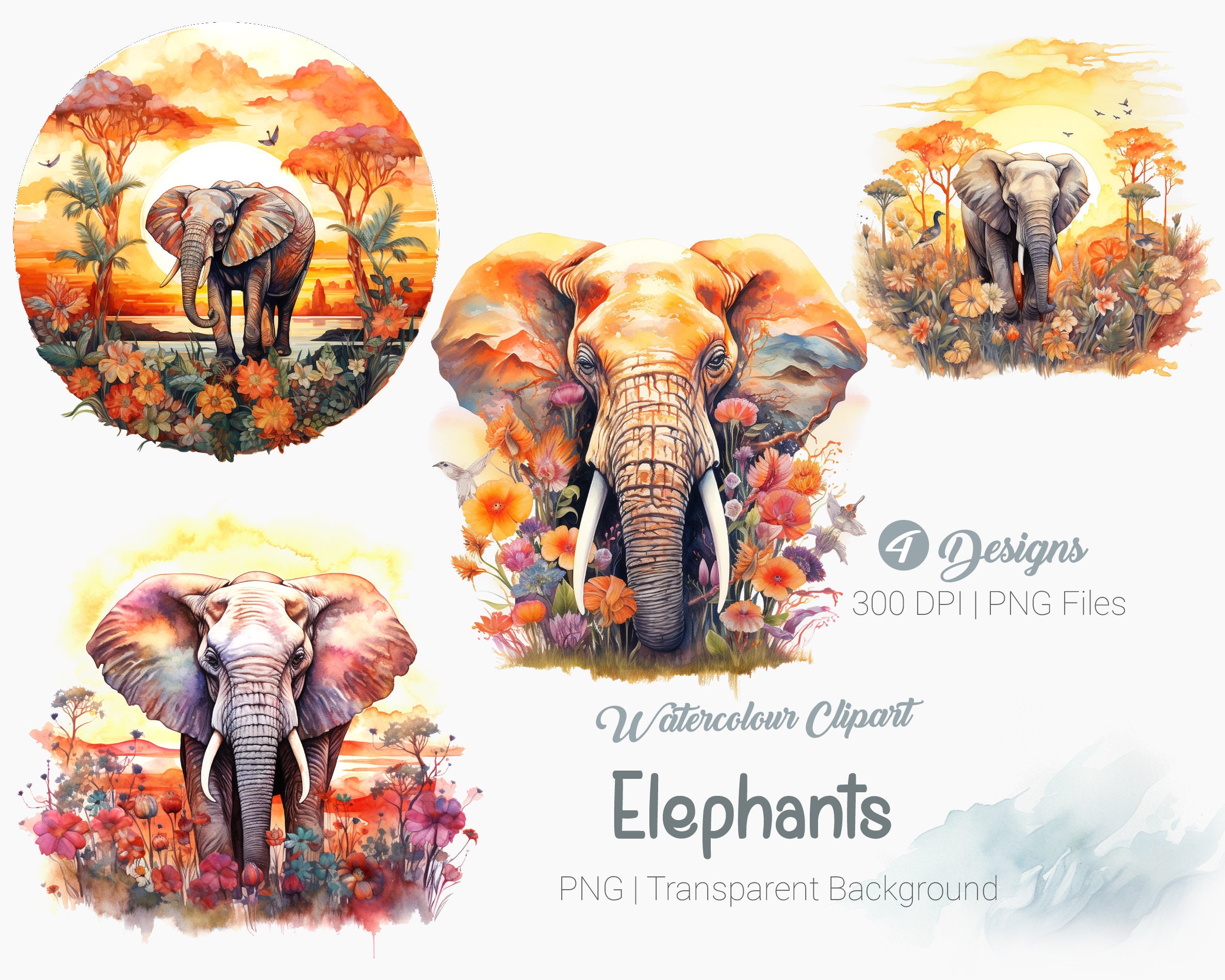 Watercolor Elephant Clipart, Safari Elephant, Africa Sunset ...