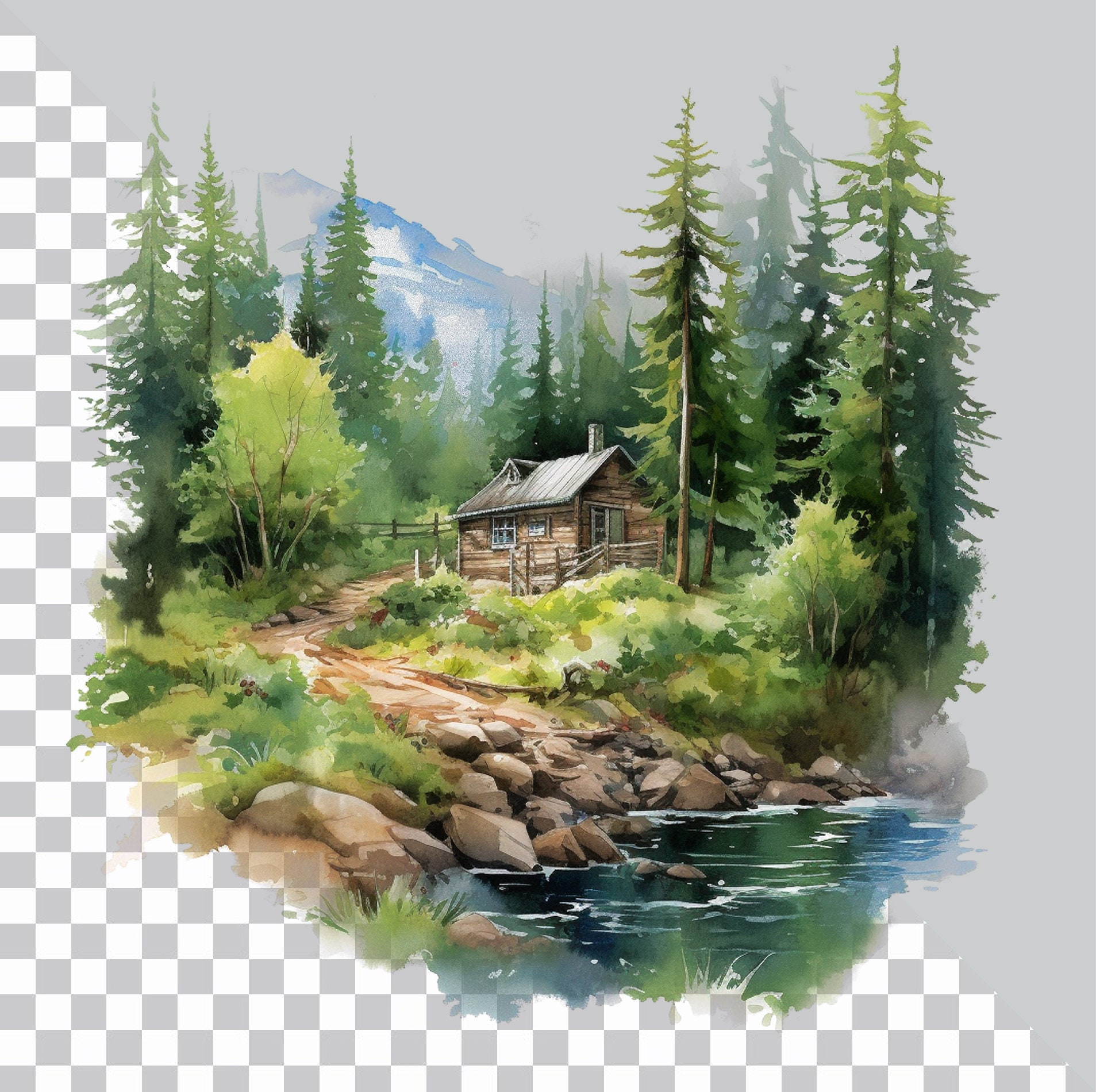 Watercolor Cabin Clipart, Stream Cabin, Wooden Cabin, Rustic Cabin ...