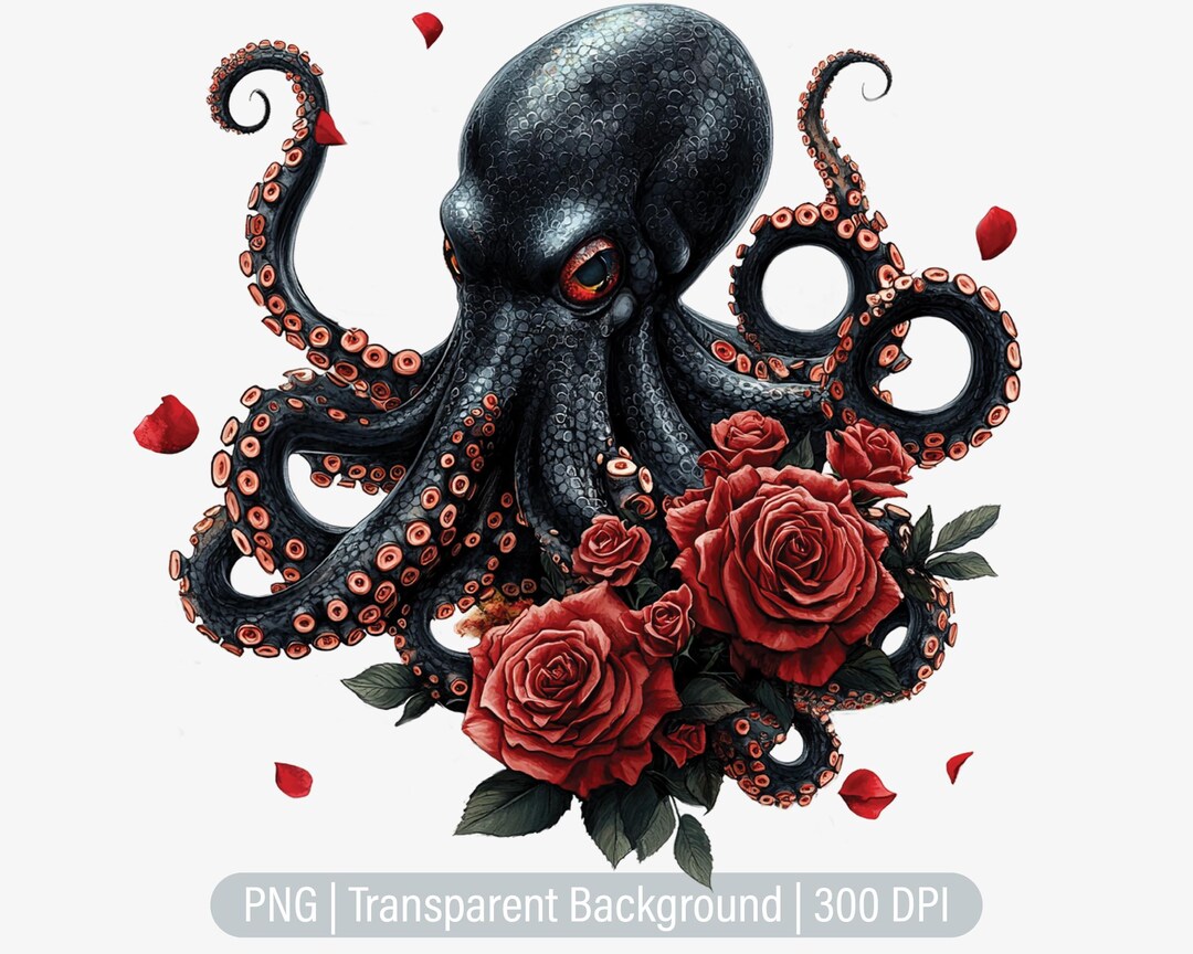 Goth Octopus Clipart, Dark Fantasy PNG, Red Flowers Black Octopus, Junk ...