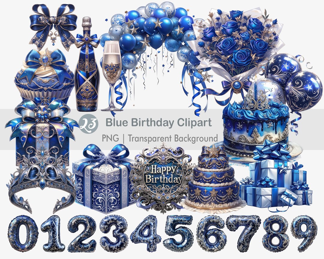 Blue Birthday Clipart, Balloon Numbers, Printable Sublimation Graphic ...