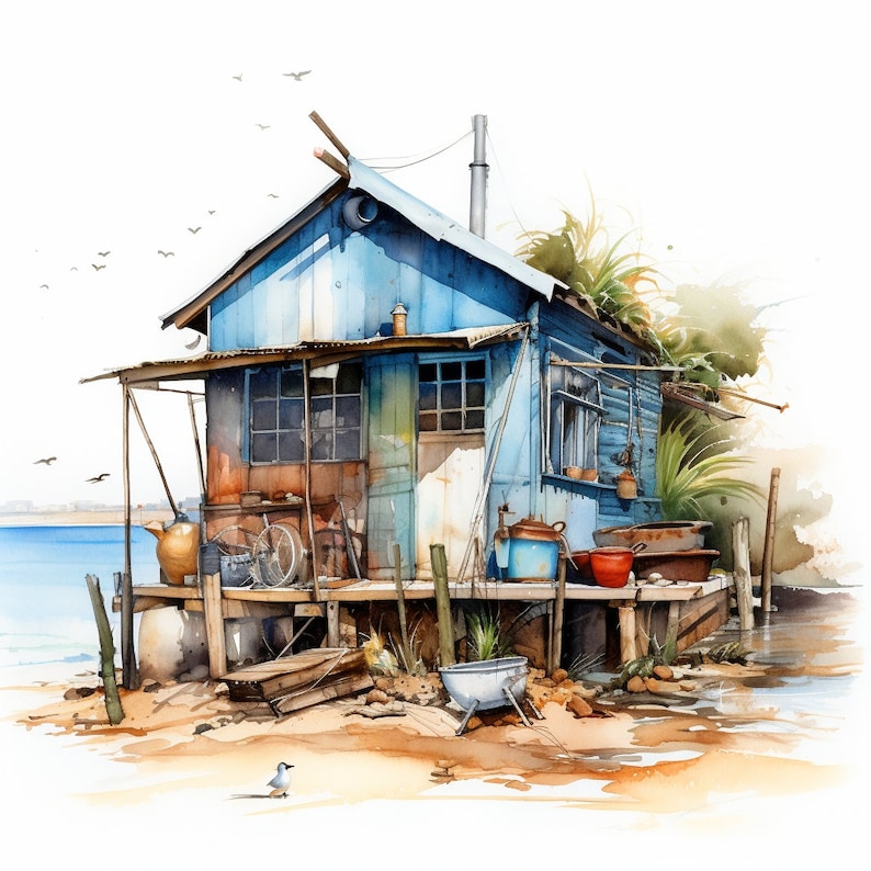 Fisherman's Shack Clipart Watercolour Fishing House - Etsy