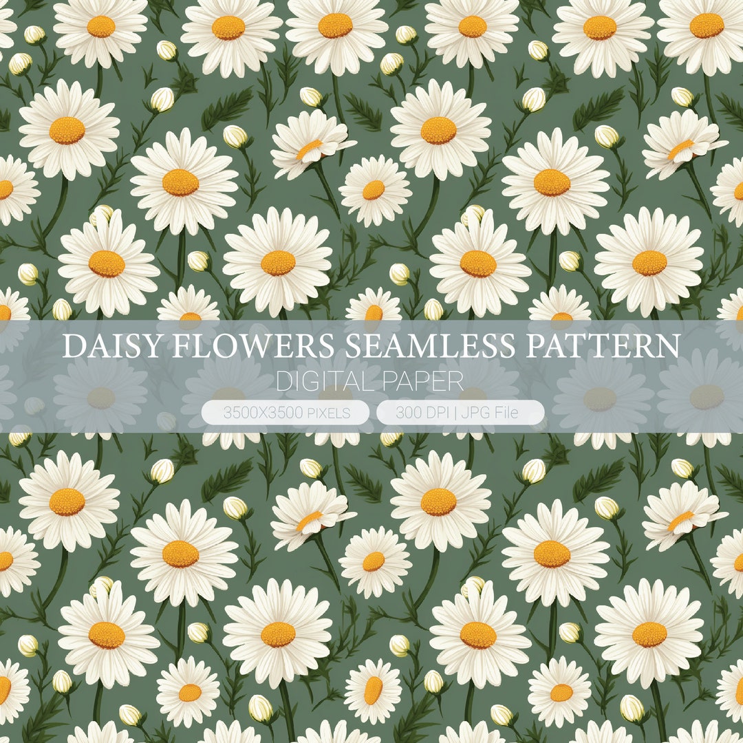 Daisy Flowers Digital Paper, Floral Seamless Pattern, White Daisies ...