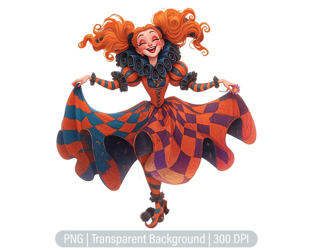 Whimsical Jester Lady Clipart, Clown PNG, Circus, Dancing Jester, Junk ...