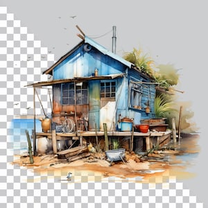 Fisherman's Shack Clipart, Watercolour Fishing House Clipart, Fishing ...