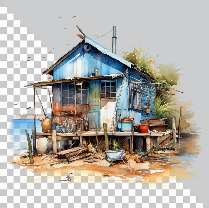 Fisherman's Shack Clipart, Watercolour Fishing House Clipart, Fishing ...
