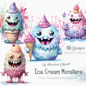 Watercolor Ice Cream Monster Clipart, Ice Cream Clipart, Png, Printable ...